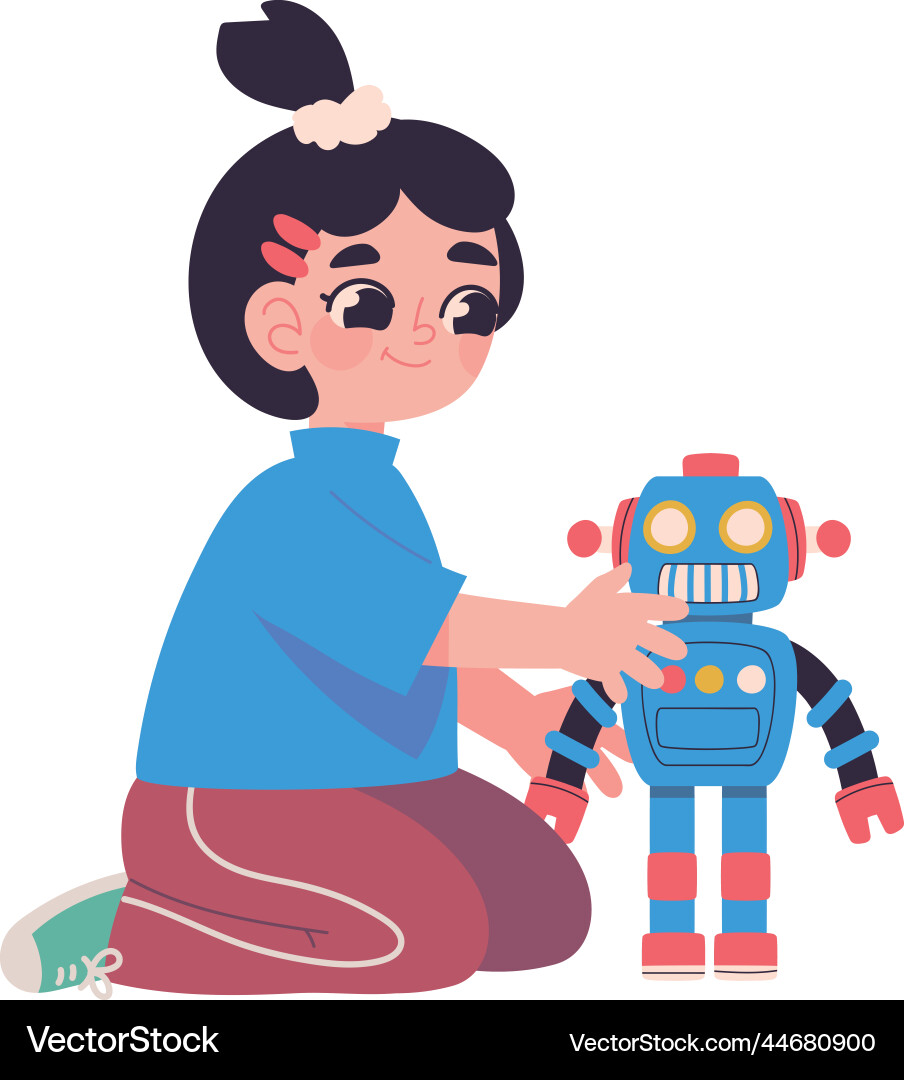 Girl playing with robot Royalty Free Vector Image