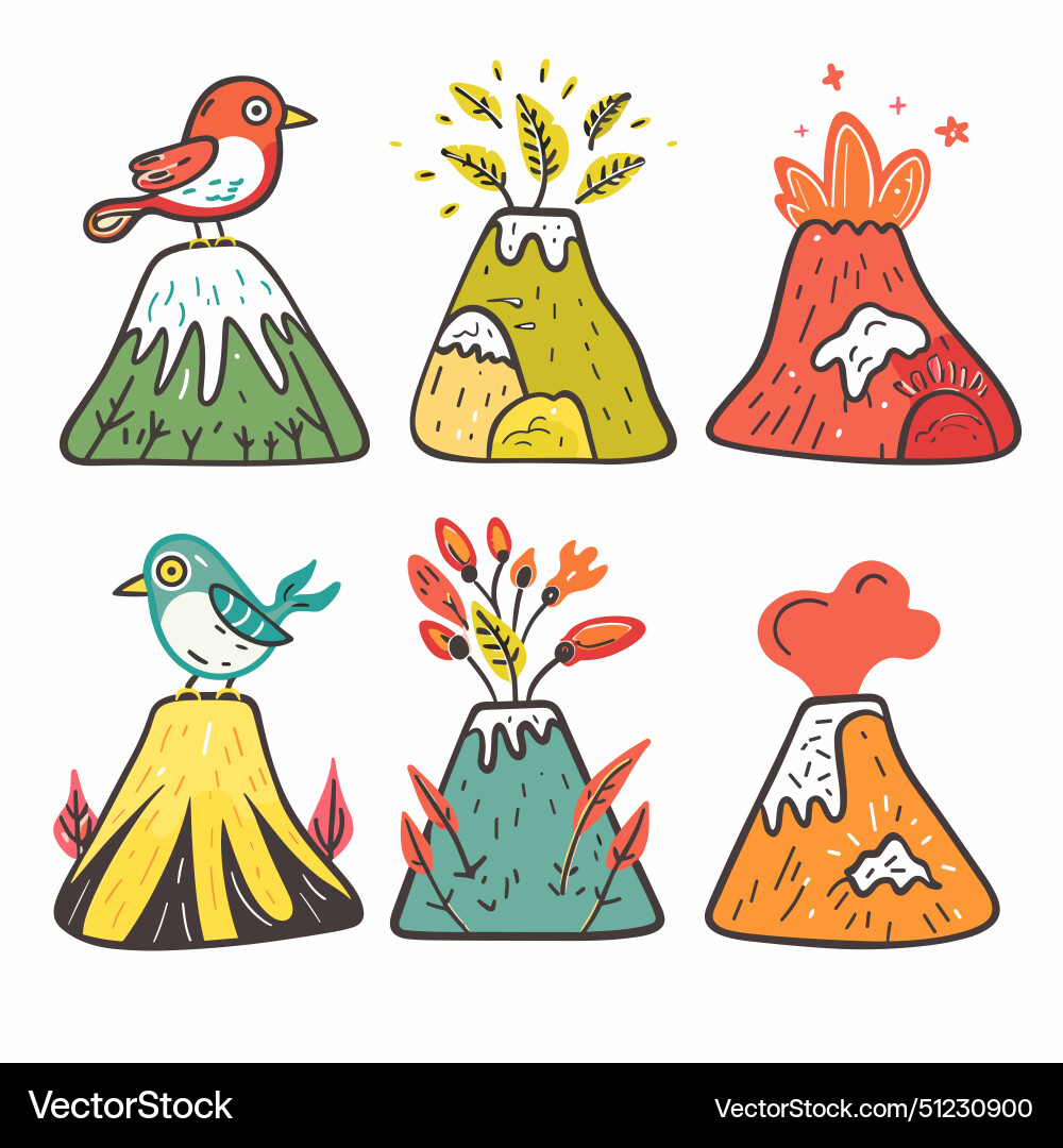Six stylized volcanoes erupting habitats birds Vector Image