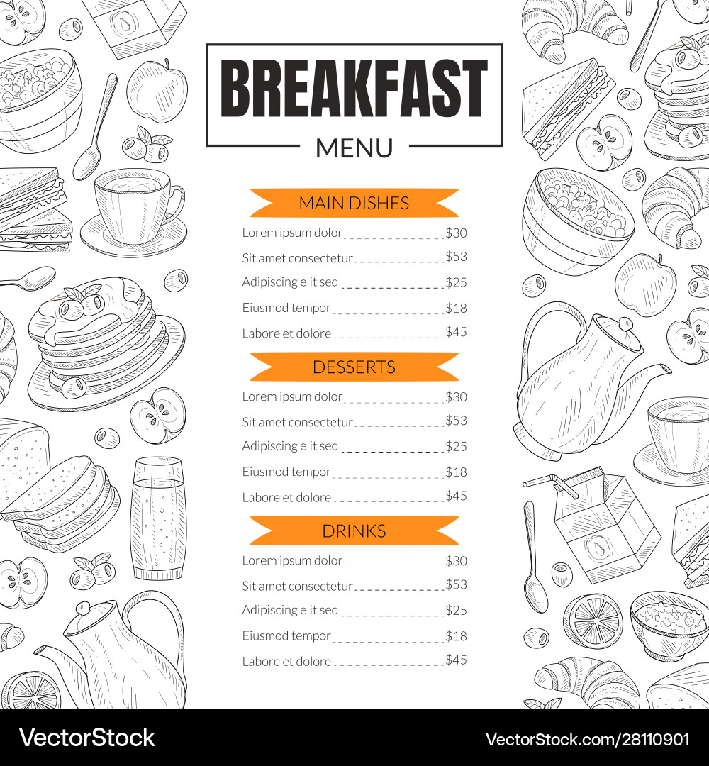 Breakfast menu template design for restaurant Vector Image