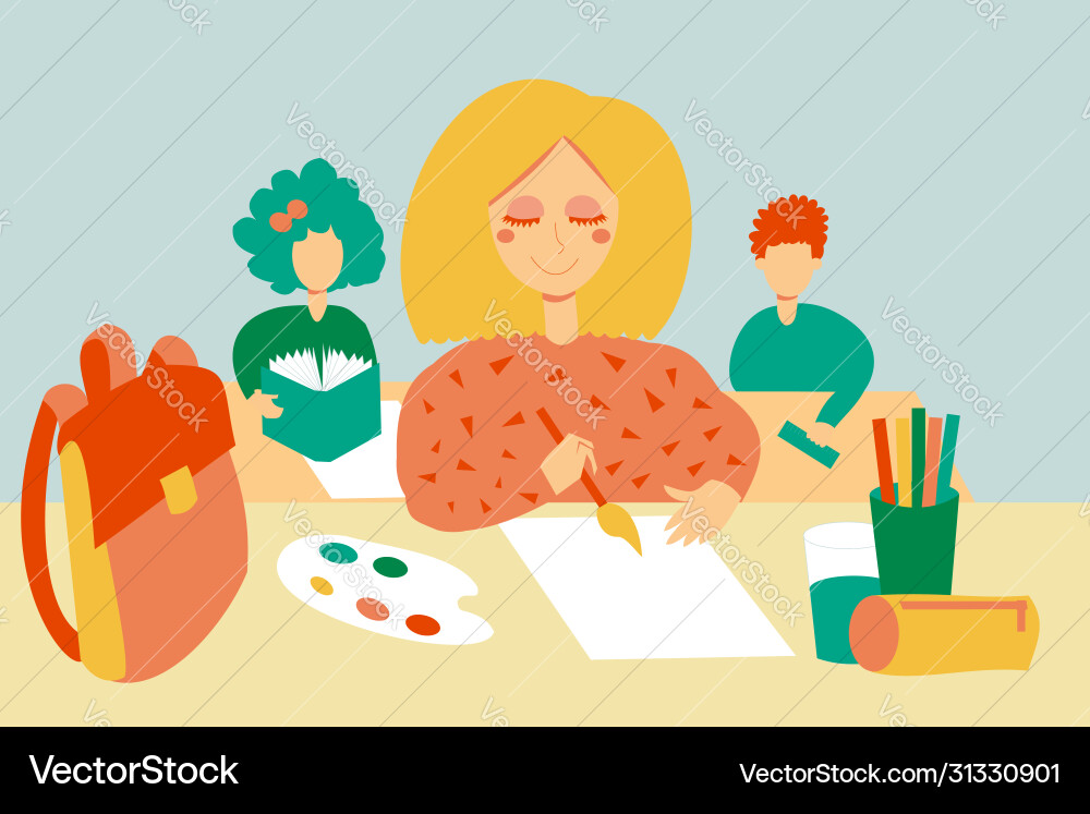 Group students doing different tasks Royalty Free Vector