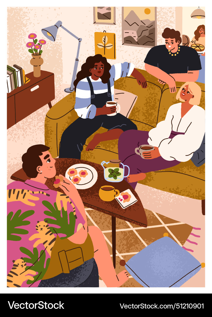 Happy tea time gathering at home friends resting Vector Image