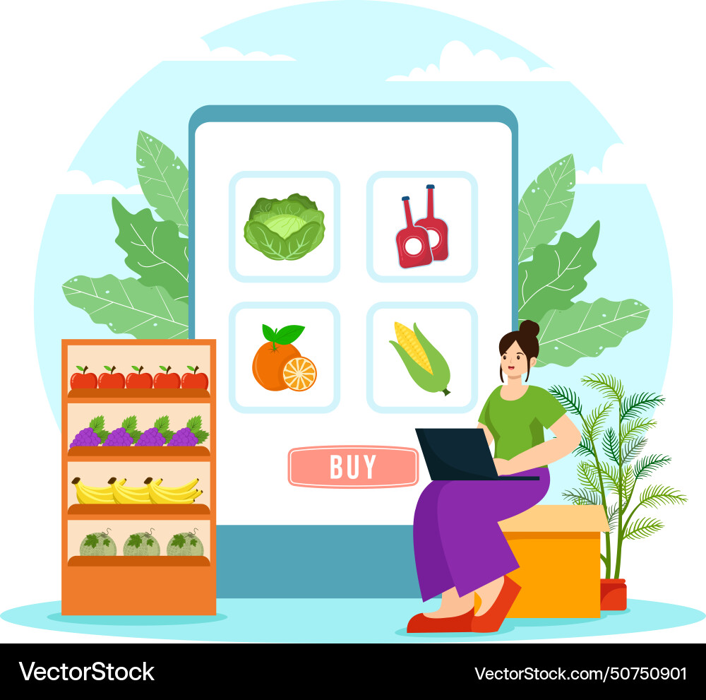 Online grocery store with food product shelves Vector Image
