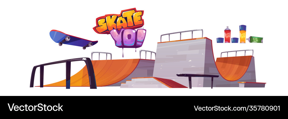 Skate park ramps skateboard and graffiti letters Vector Image