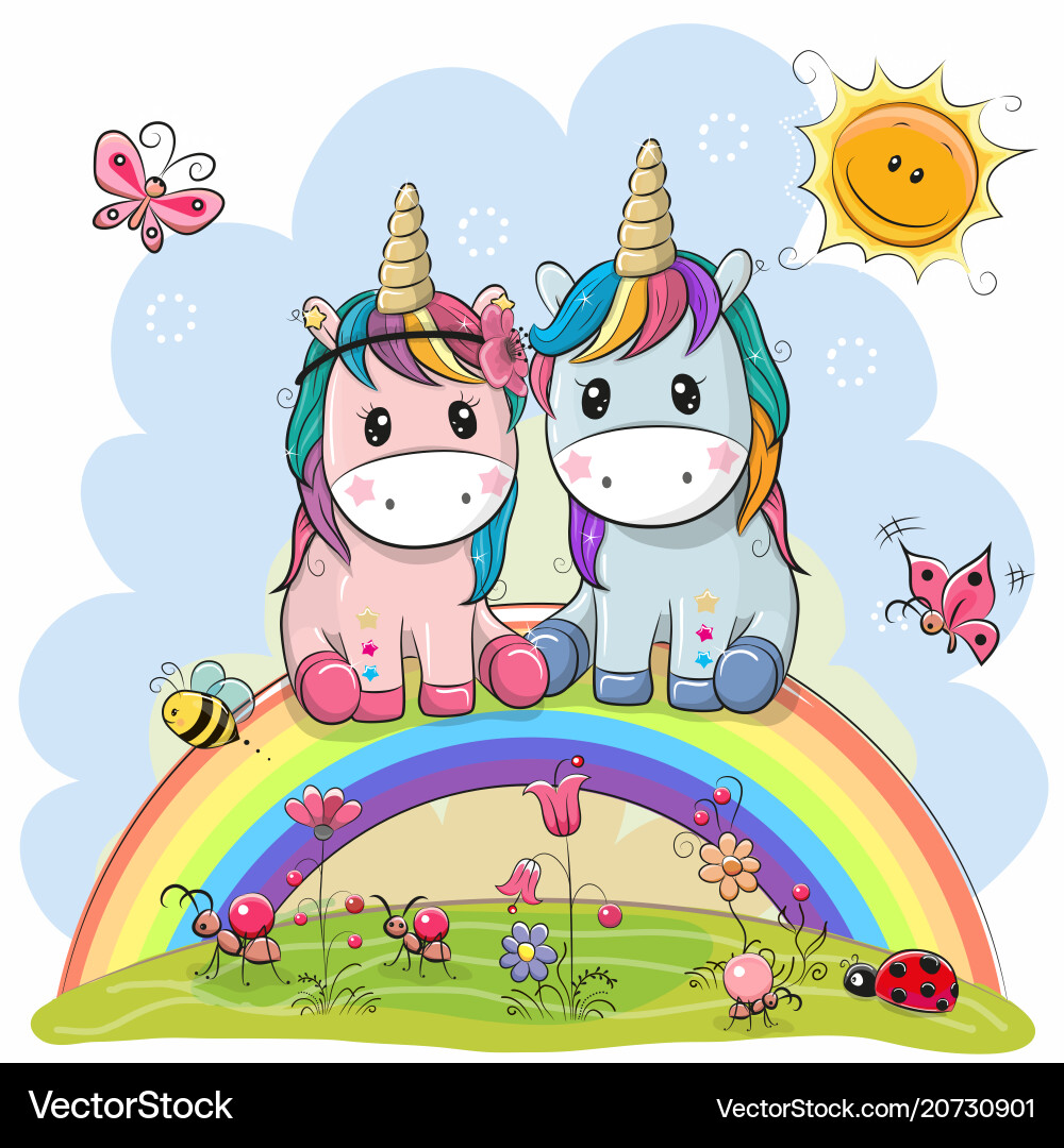Two cartoon unicorns are sitting on the rainbow Vector Image