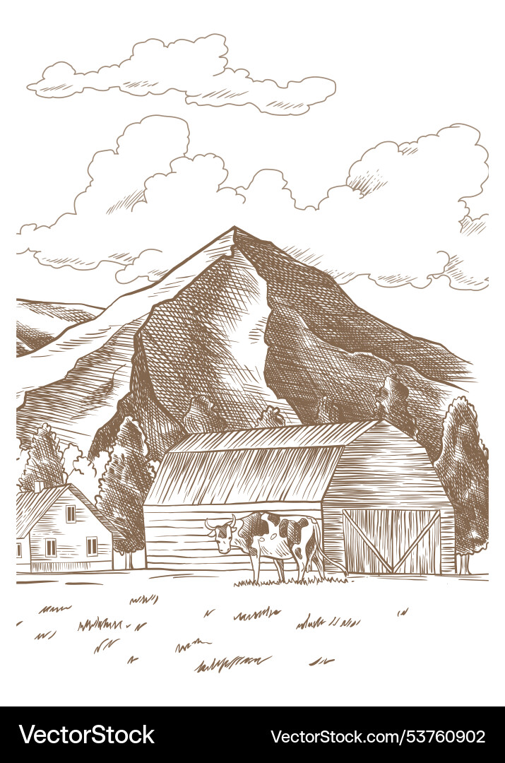 Cows chewing grass farm on grazing meadow hand Vector Image