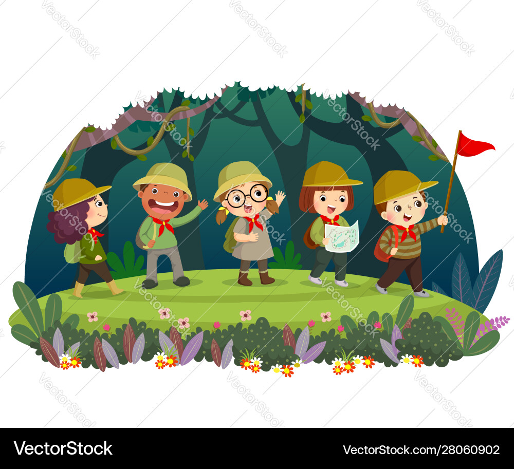 Kid travelers with backpack hiking in forest Vector Image