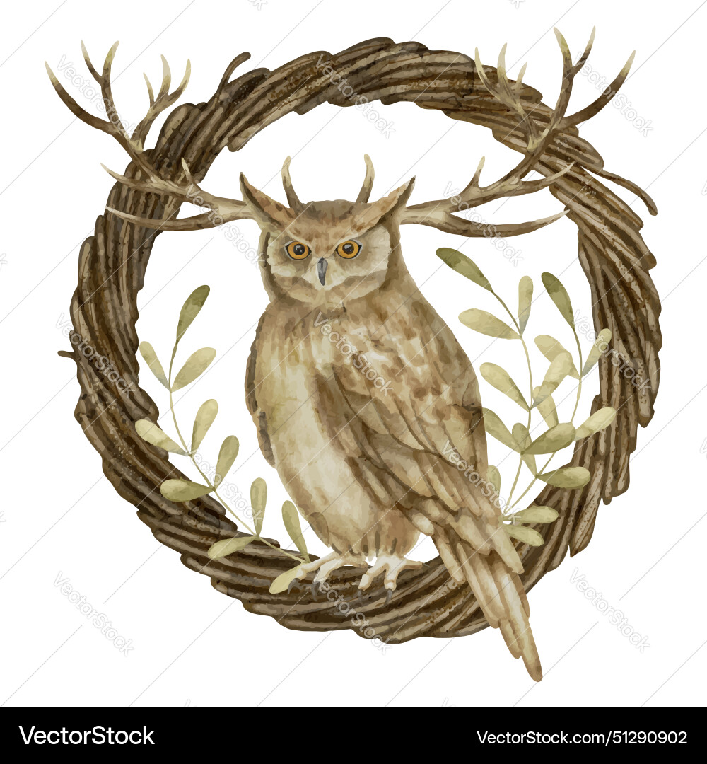Mystical eagle owl with horns sitting on a round Vector Image