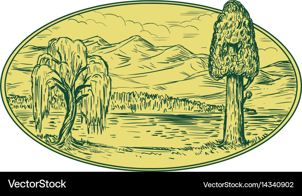 Willow and sequoia tree lake mountains oval Vector Image