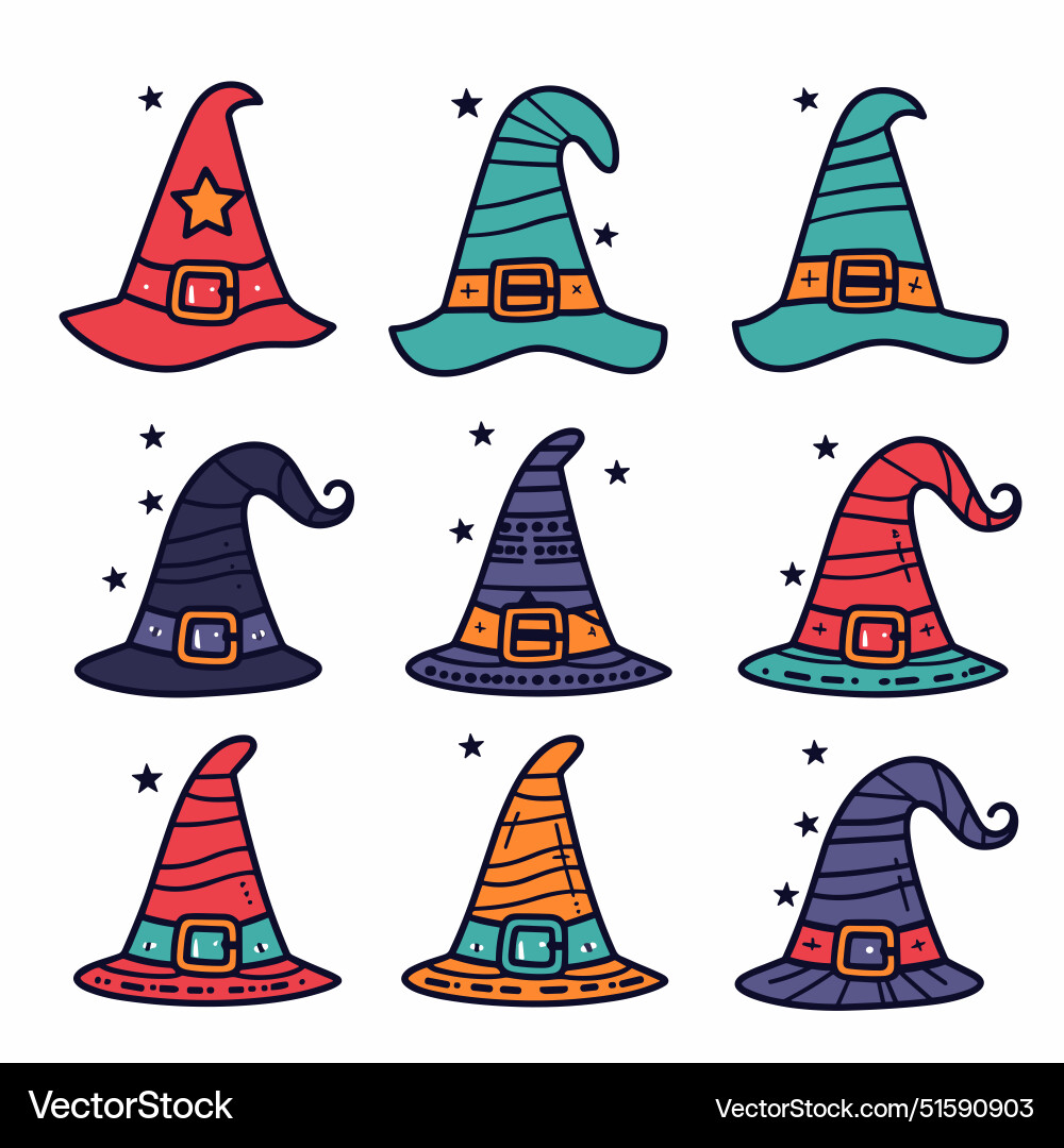 Collection colorful witch hats various designs Vector Image