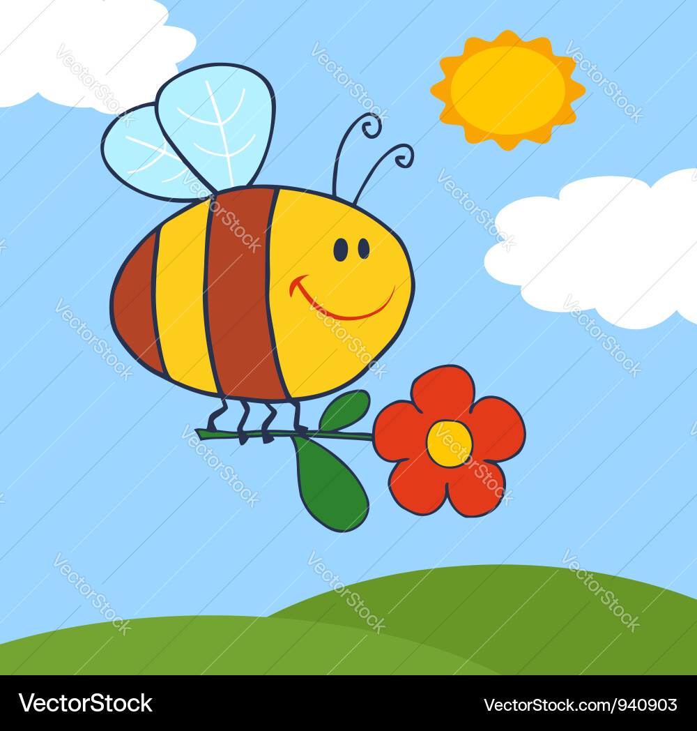 Glückliche Biene fliegen mit Blume am Himmel Vektorbild