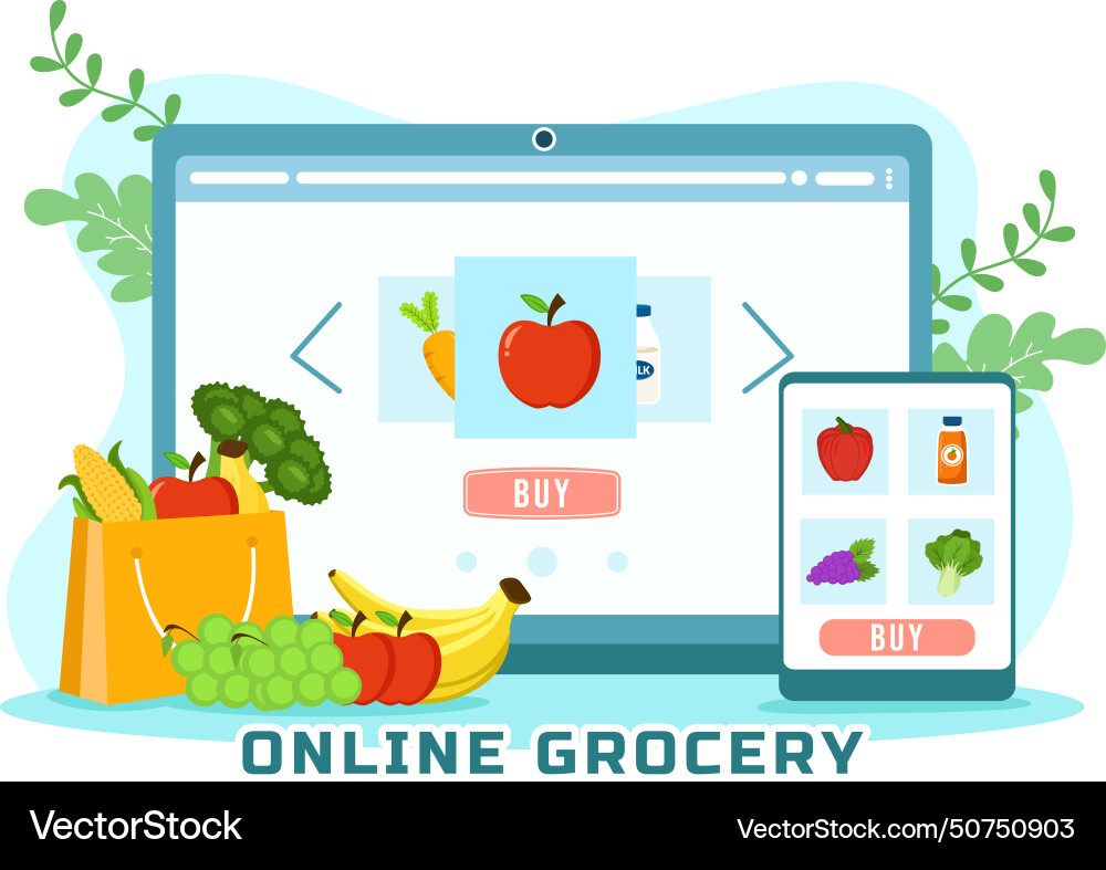 Online grocery store with food product shelves Vector Image