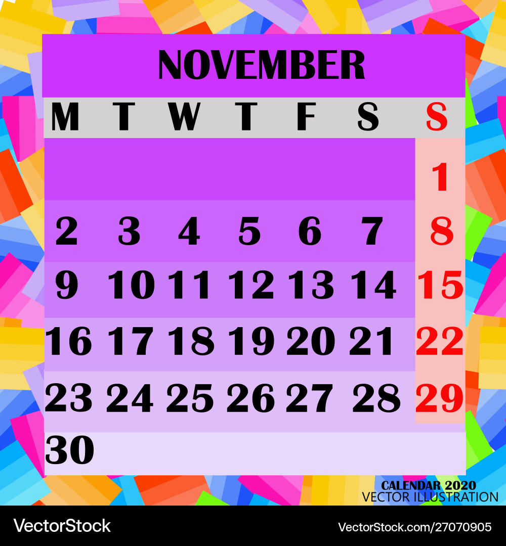 Calendar design month november 2020 Royalty Free Vector