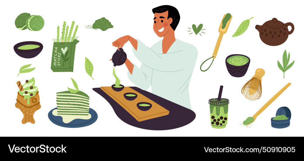 Cartoon matcha elements tea ceremony man pours Vector Image