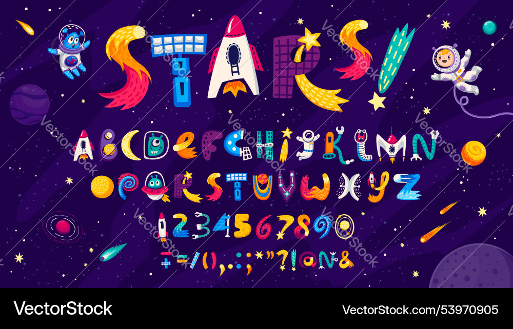 Cartoon space font galaxy typeface universe type Vector Image