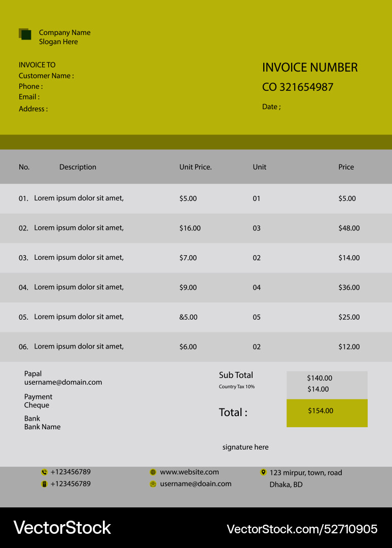 Invoice template is a four size yellow and green c