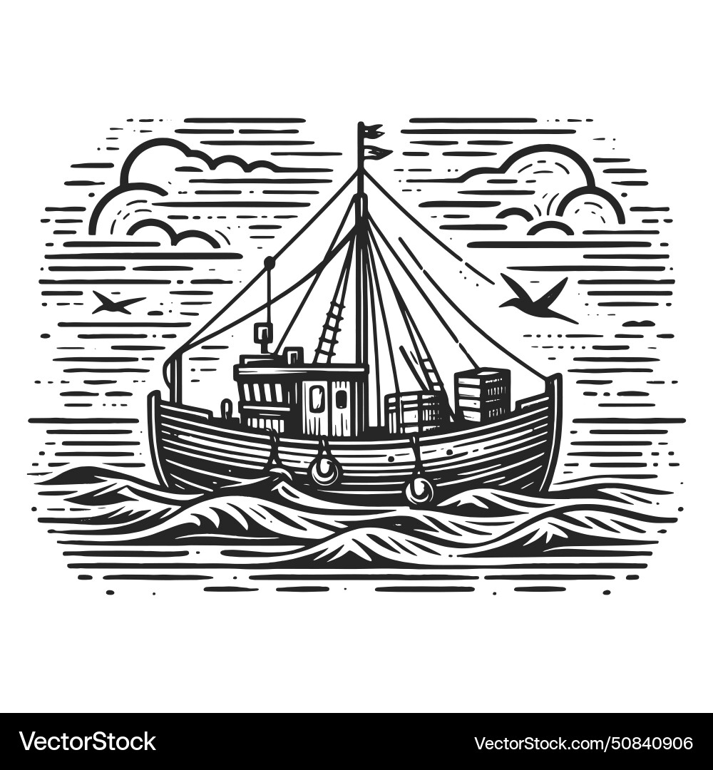 Fishing boat ocean waves engraving sketch Vector Image