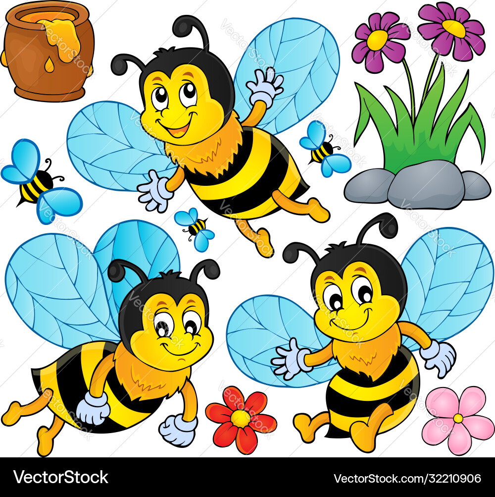 Happy spring bees theme set 1 Royalty Free Vector Image