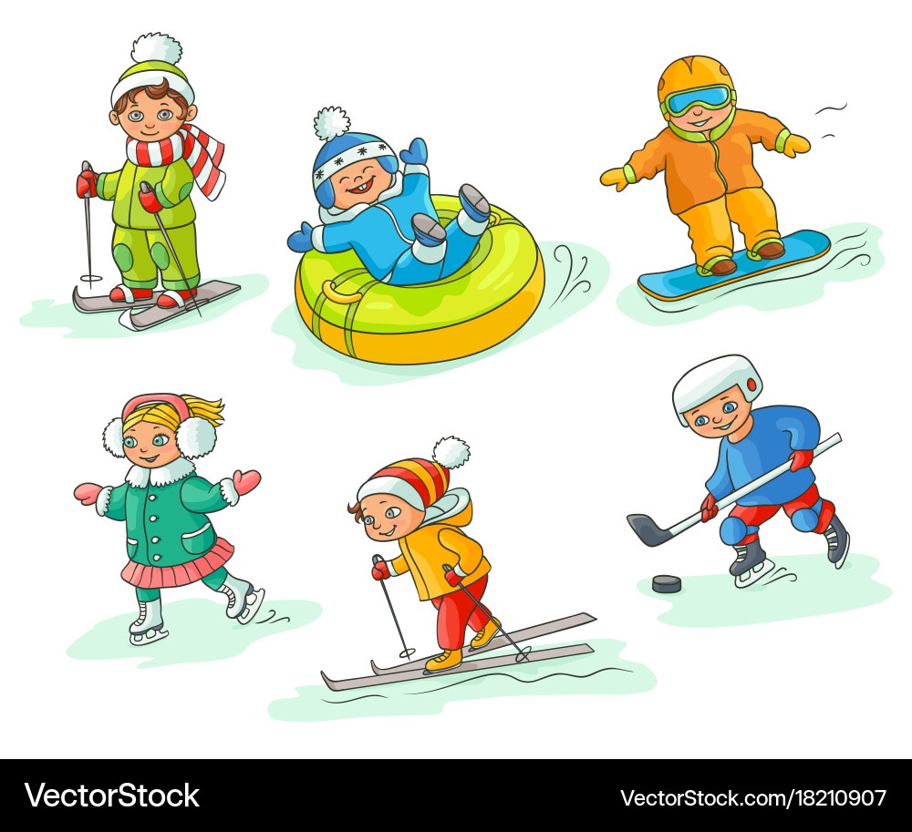 Hand drawn kids children doing winter activities Vector Image