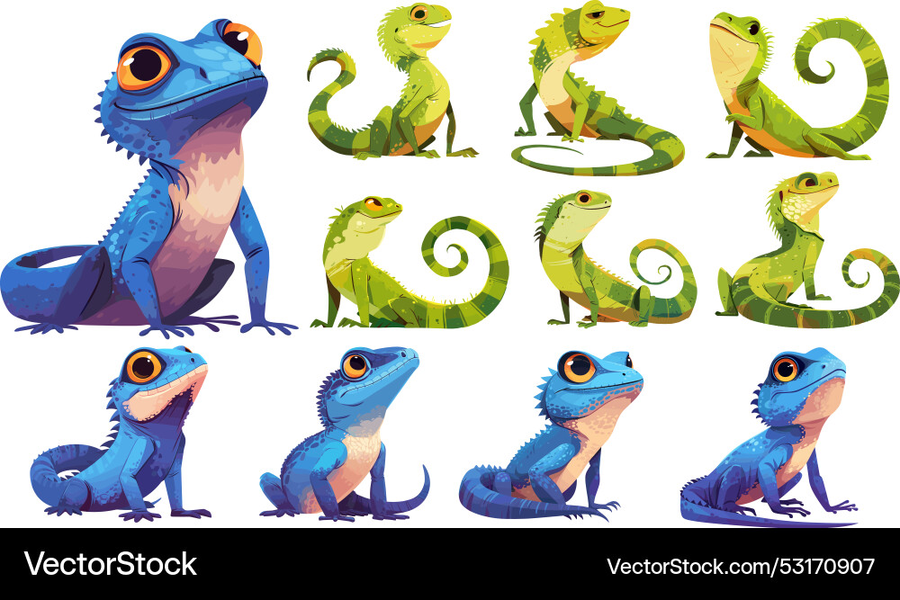 Lizard cartoon reptile character set cute kind Vector Image