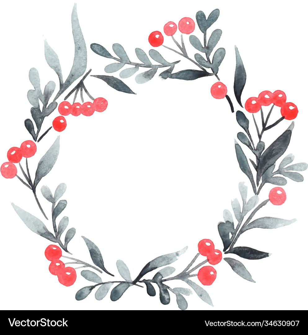 Red berry and winter gray weed wreath watercolor Vector Image