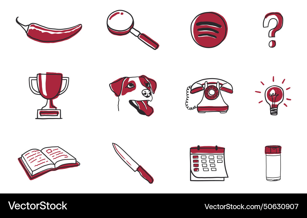 Twelve red and white icons of various objects Vector Image