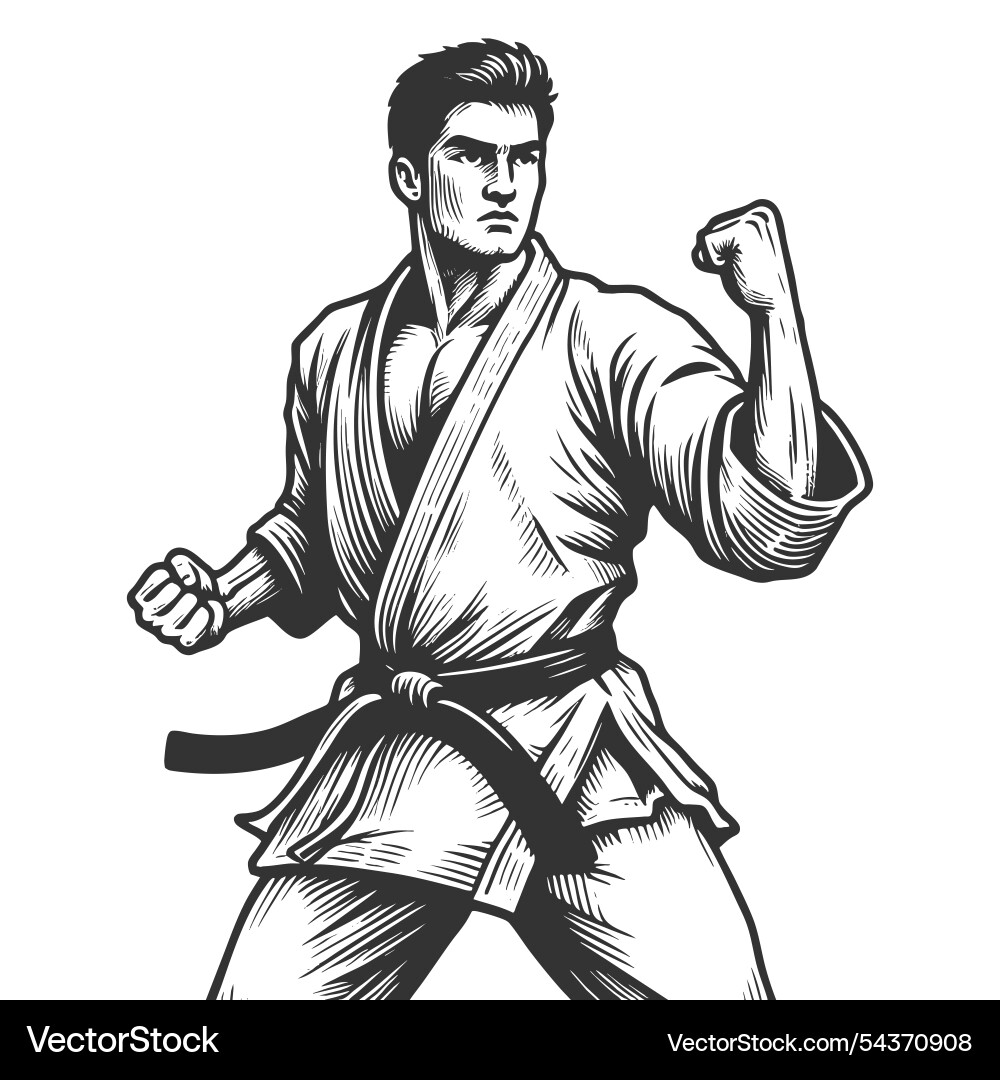 Martial artist in karate gi engraving Royalty Free Vector