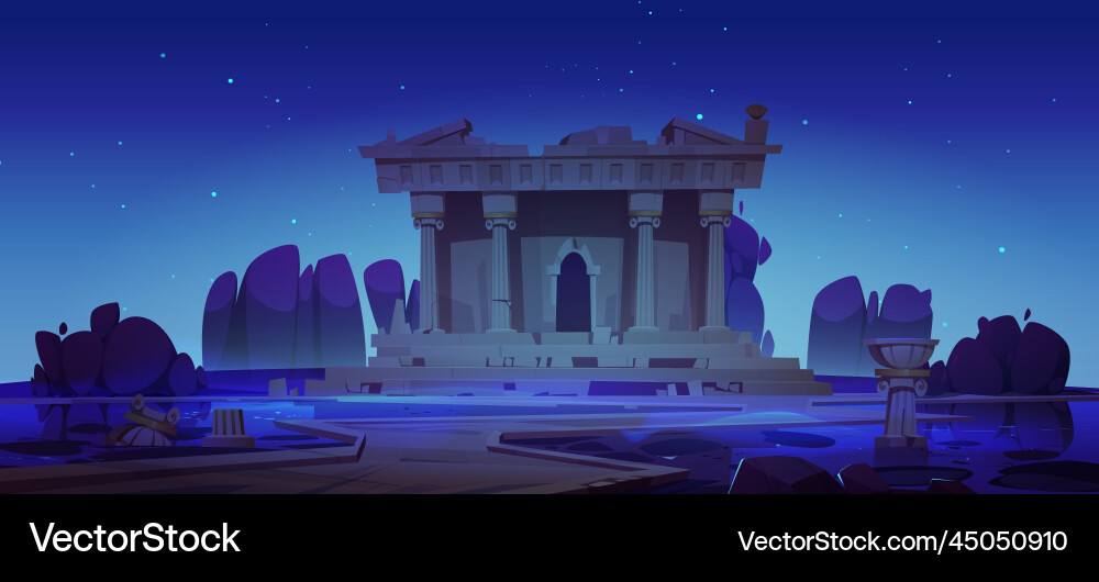 Broken ancient temple building at night Royalty Free Vector