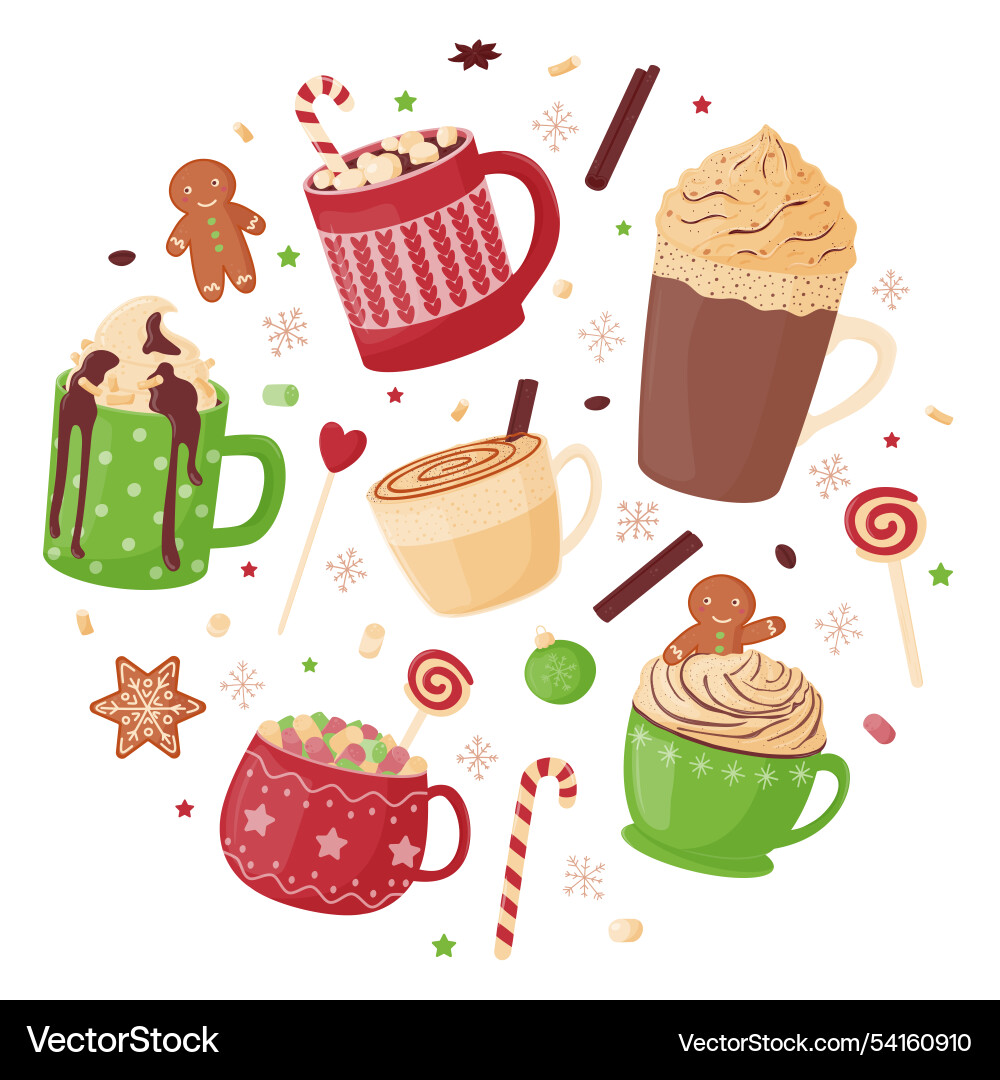 Christmas set of hot drinks festive cute mugs Vector Image