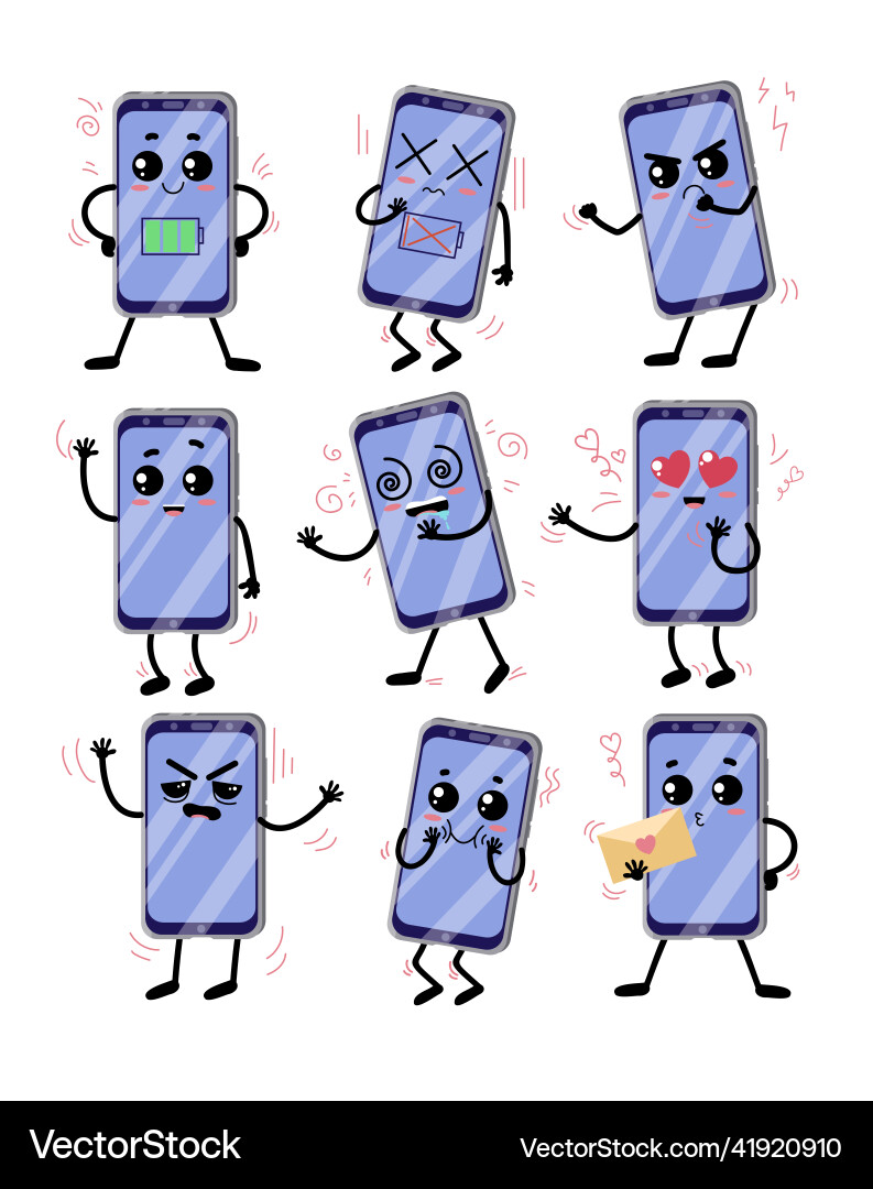 Cute cellphone cartoon character set Royalty Free Vector