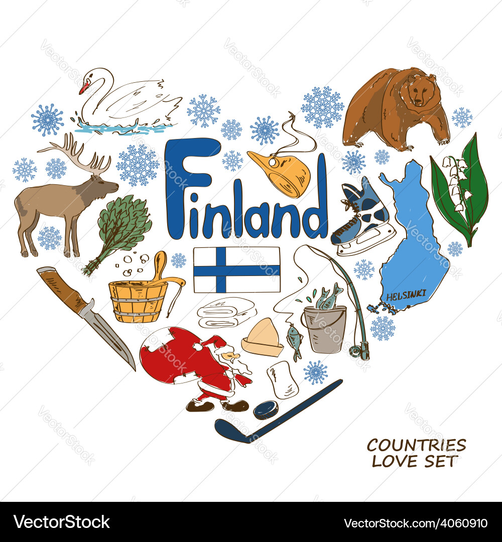 Finland symbols in heart shape concept Royalty Free Vector