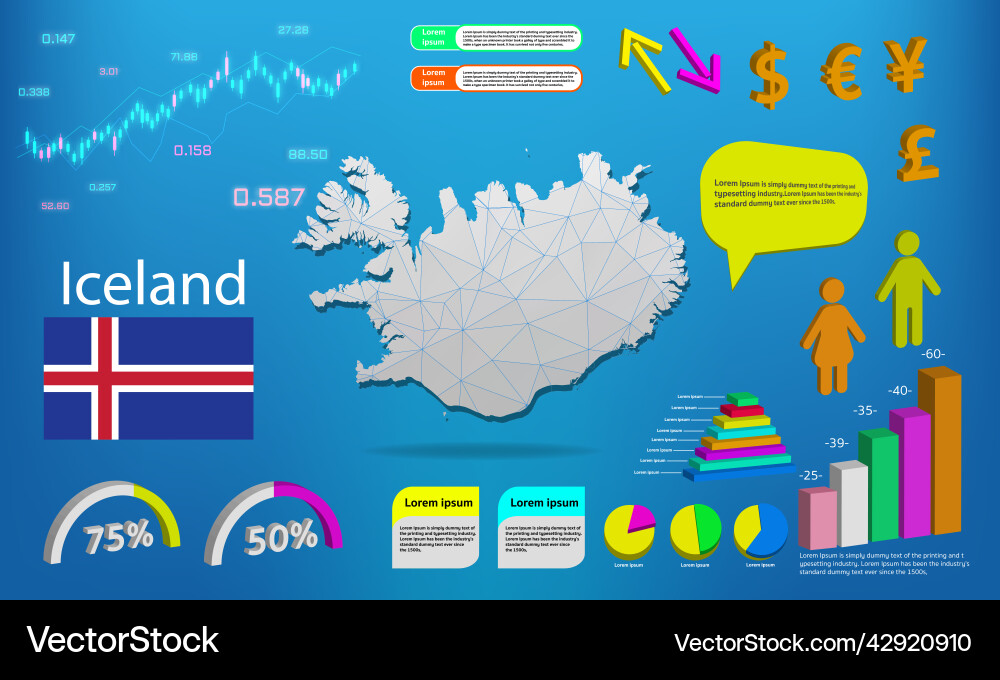 Iceland map info graphics - charts symbols Vector Image