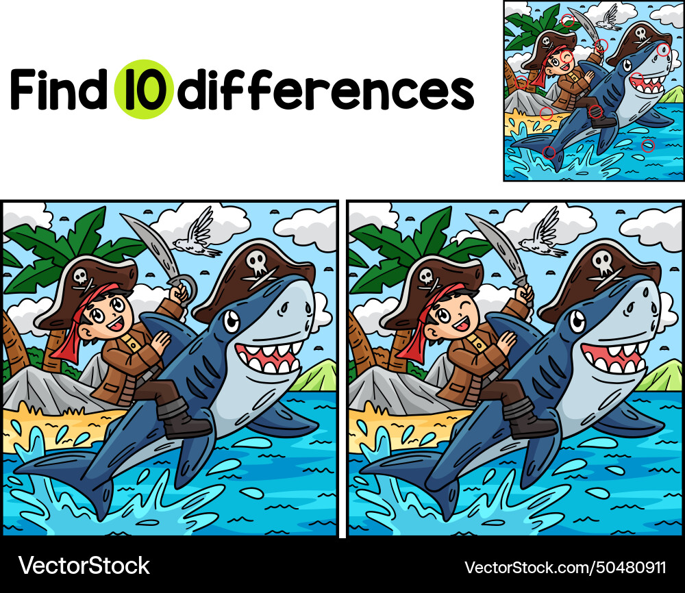 Pirate and shark find the differences Royalty Free Vector