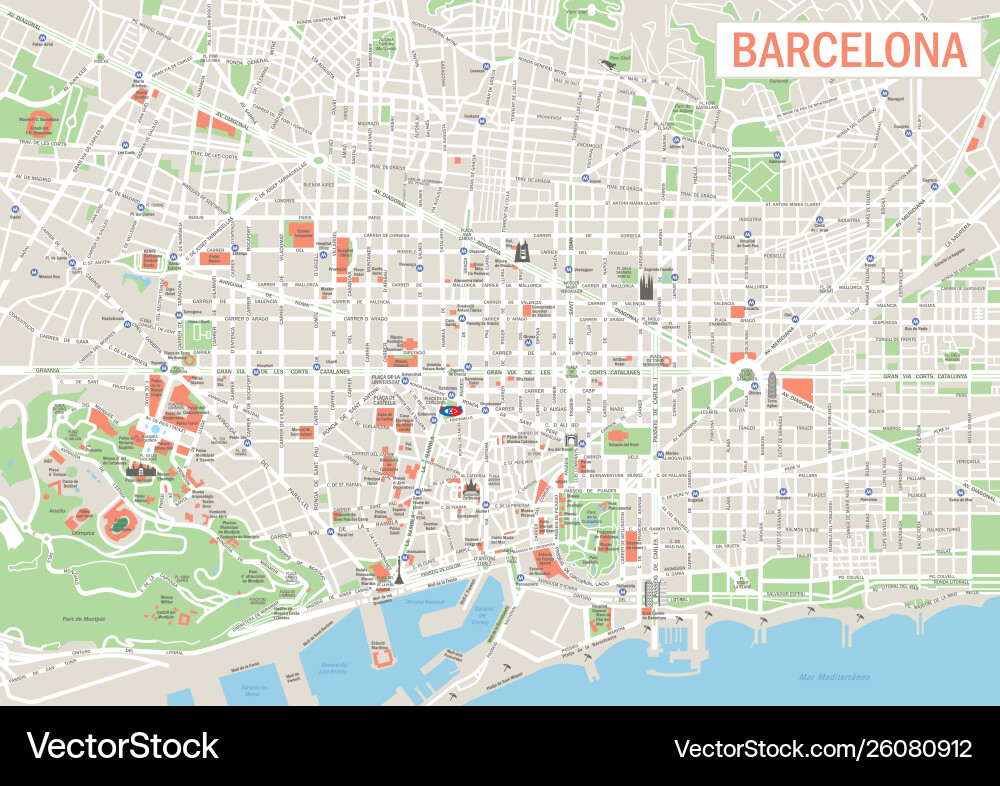 Barcelona map - streets parks districts Royalty Free Vector