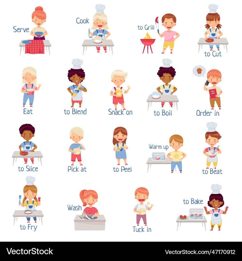 Little children at kitchen cooking eating Vector Image
