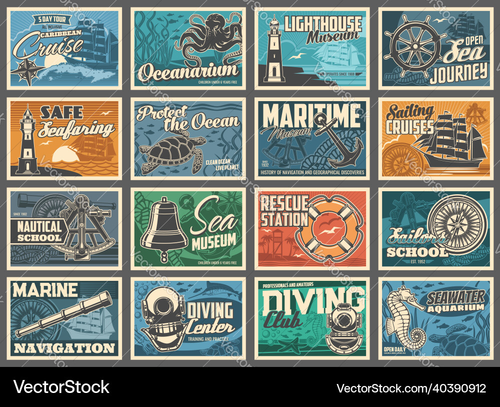 Nautical retro posters anchor lighthouse and sea Vector Image