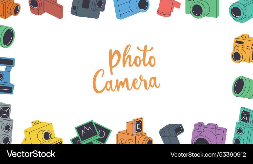 Professional camera set in horizontal banner lens Vector Image