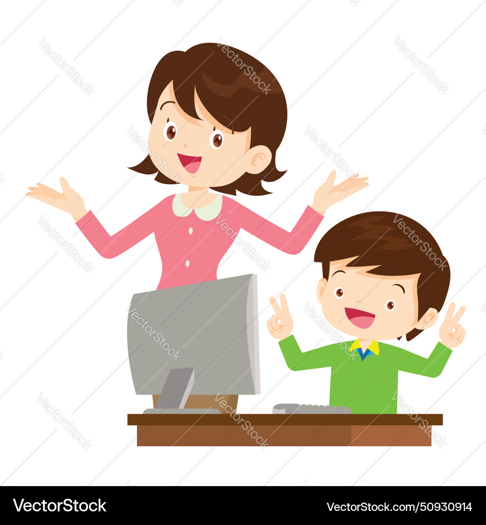 Happy teacher and student learning computer Vector Image