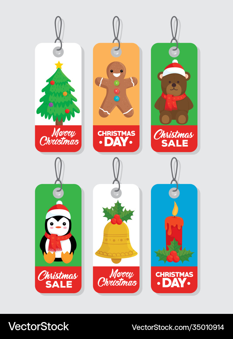 Six happy merry christmas tags hanging Royalty Free Vector
