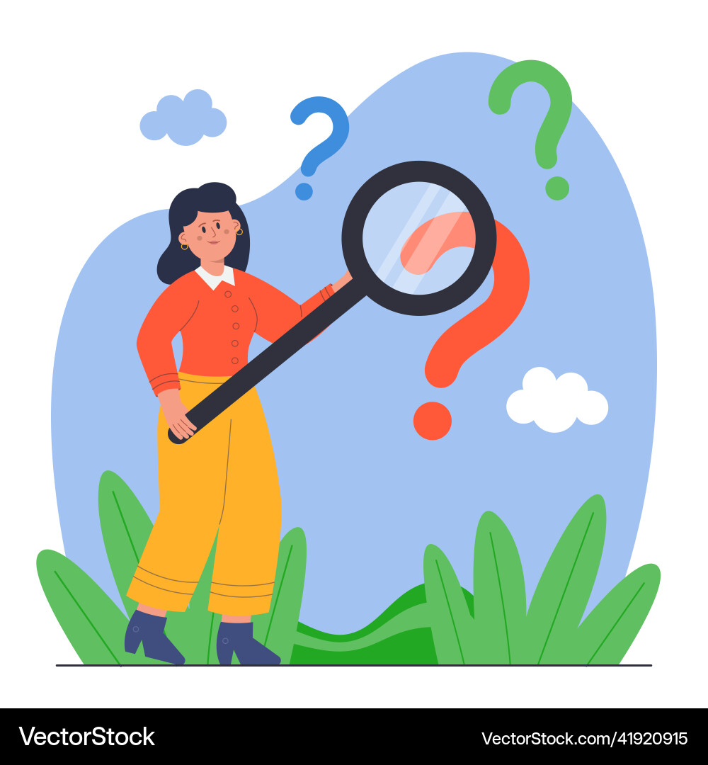 Cute woman looking at question marks through Vector Image