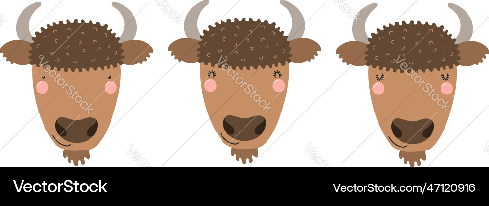 Süße lustige Bison Gesichter Set Lizenzfreies Vektorbild