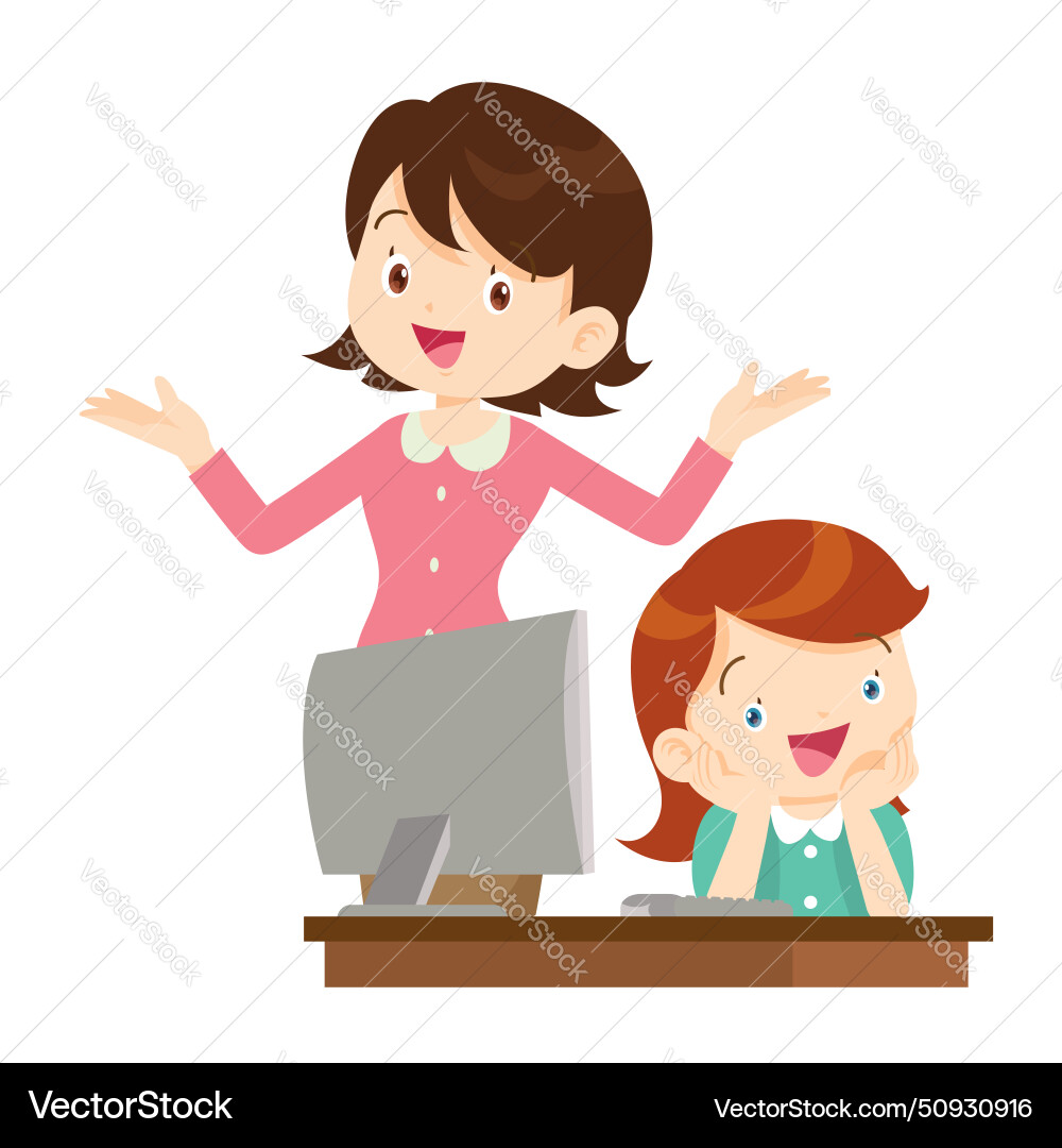 Happy teacher and student learning computer Vector Image