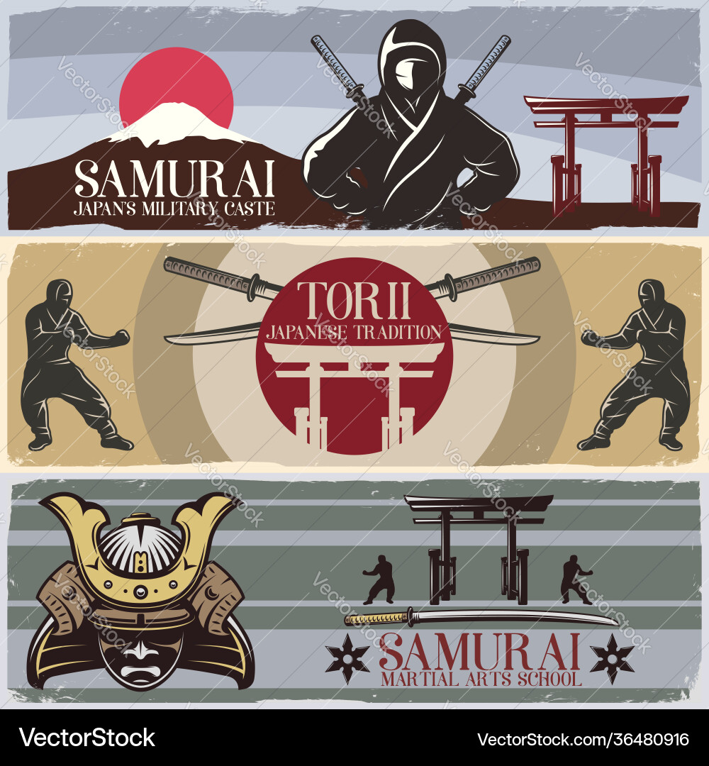 Samurai horizontal banners set Royalty Free Vector Image
