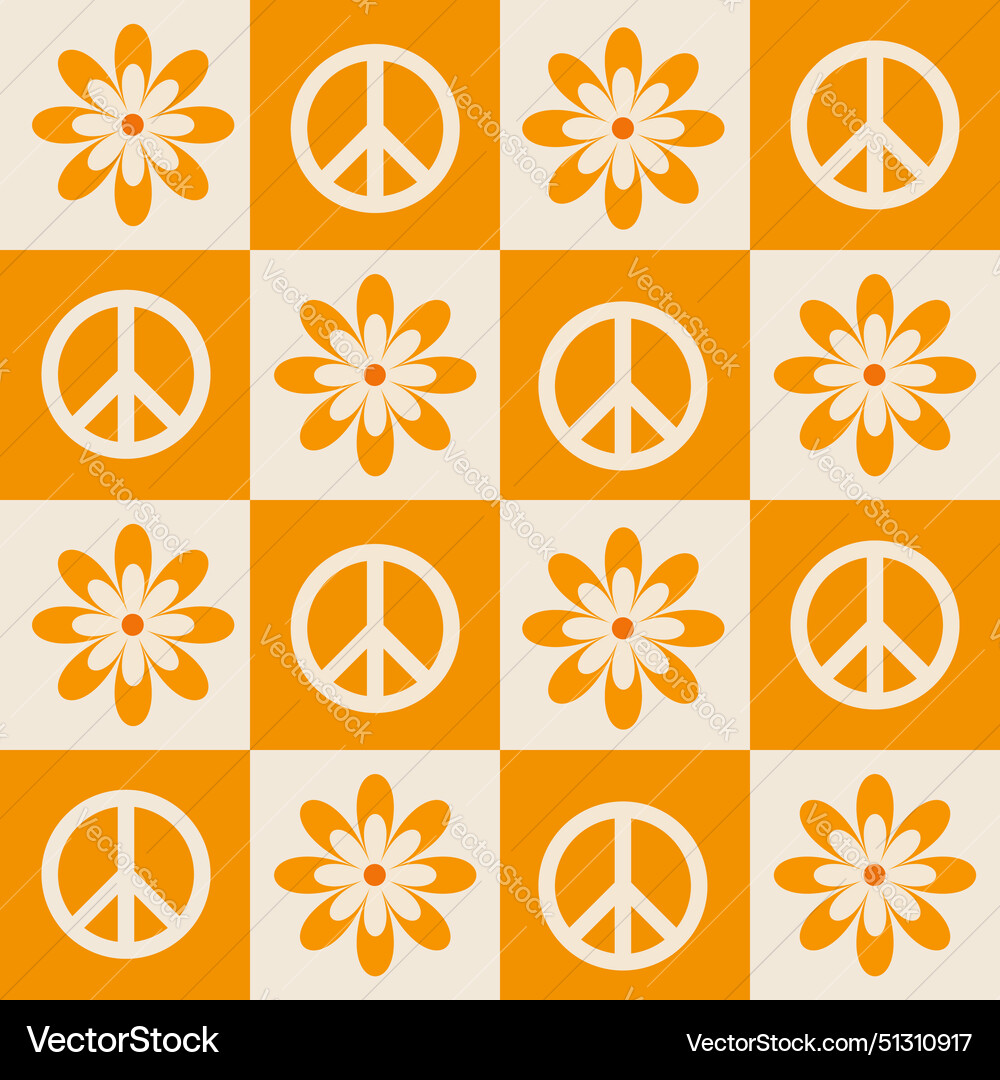 Checkered flowers with peace sign seamless pattern