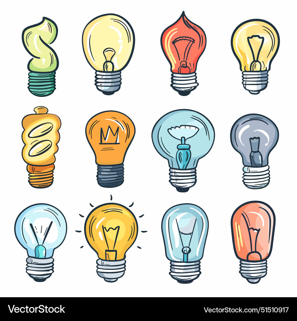 Collection various light bulbs cartoon style Vector Image