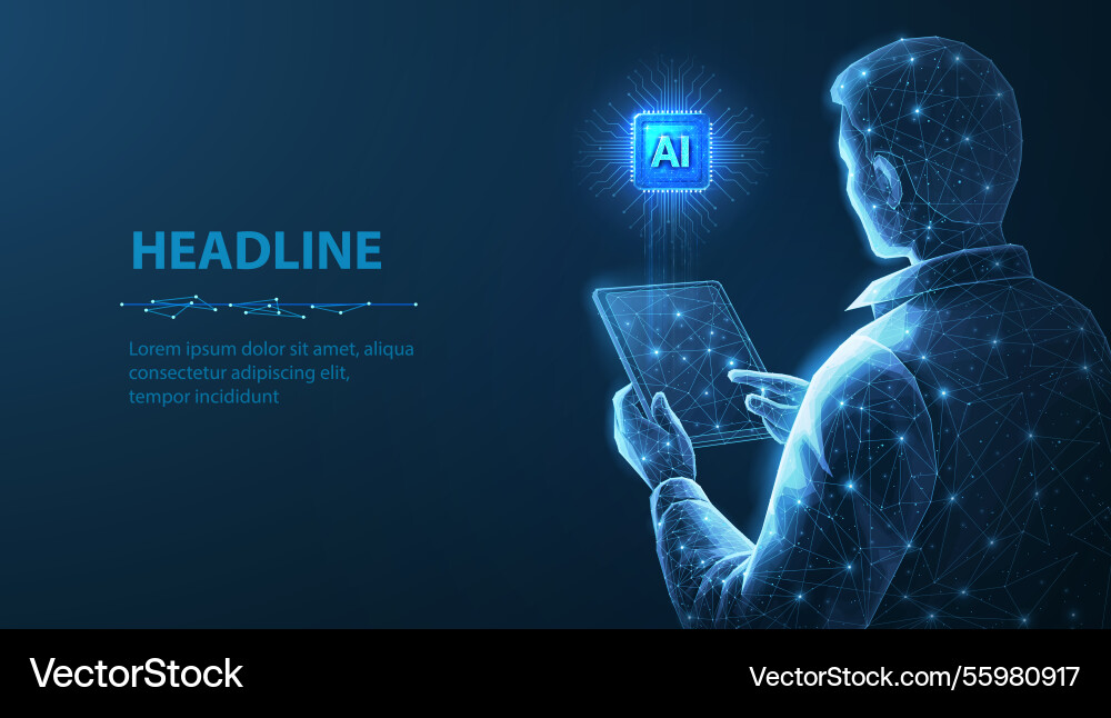 Digital engineer holding tablet and chip hologram Vector Image