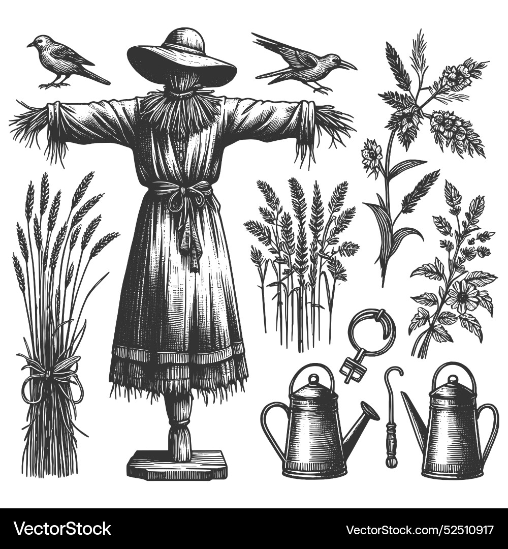 Farm elements with scarecrow engraving Royalty Free Vector