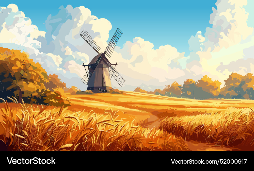 Golden Wheatfield with Windmill Royalty Free Vector Image