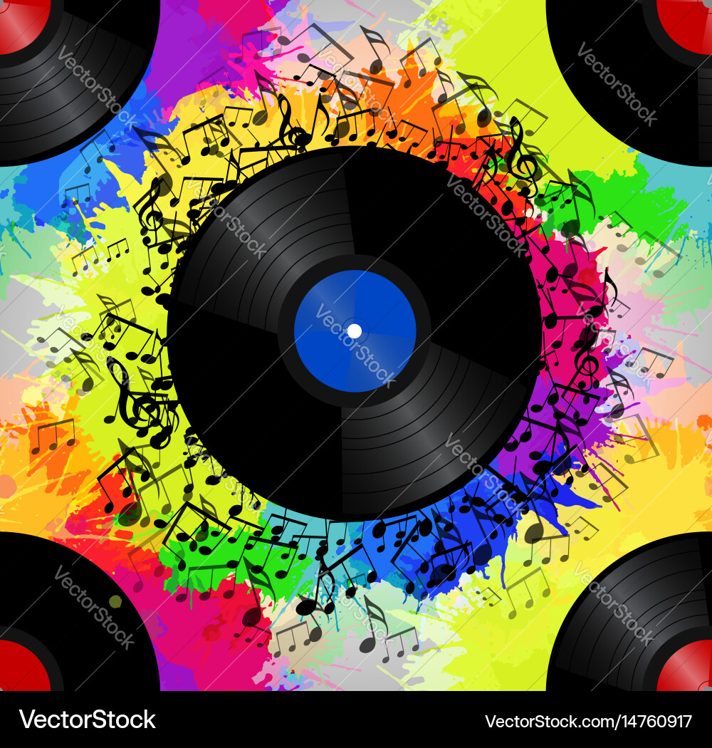 Seamless texture with a vinyl record music notes Vector Image