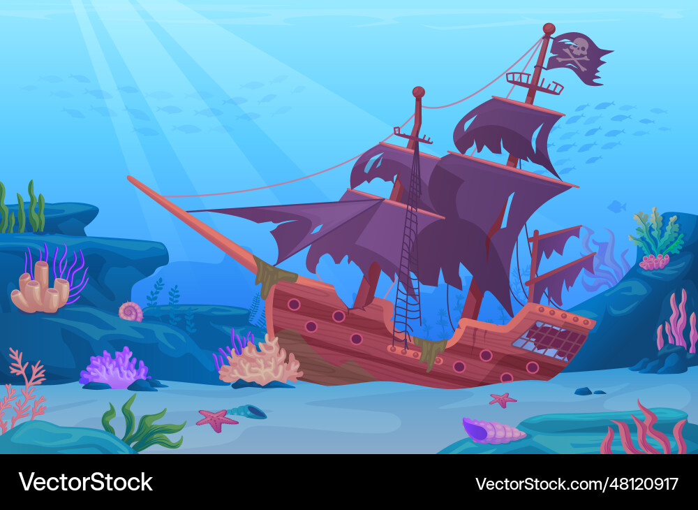 Sunken pirate ship abandoned vessel in ocean Vector Image
