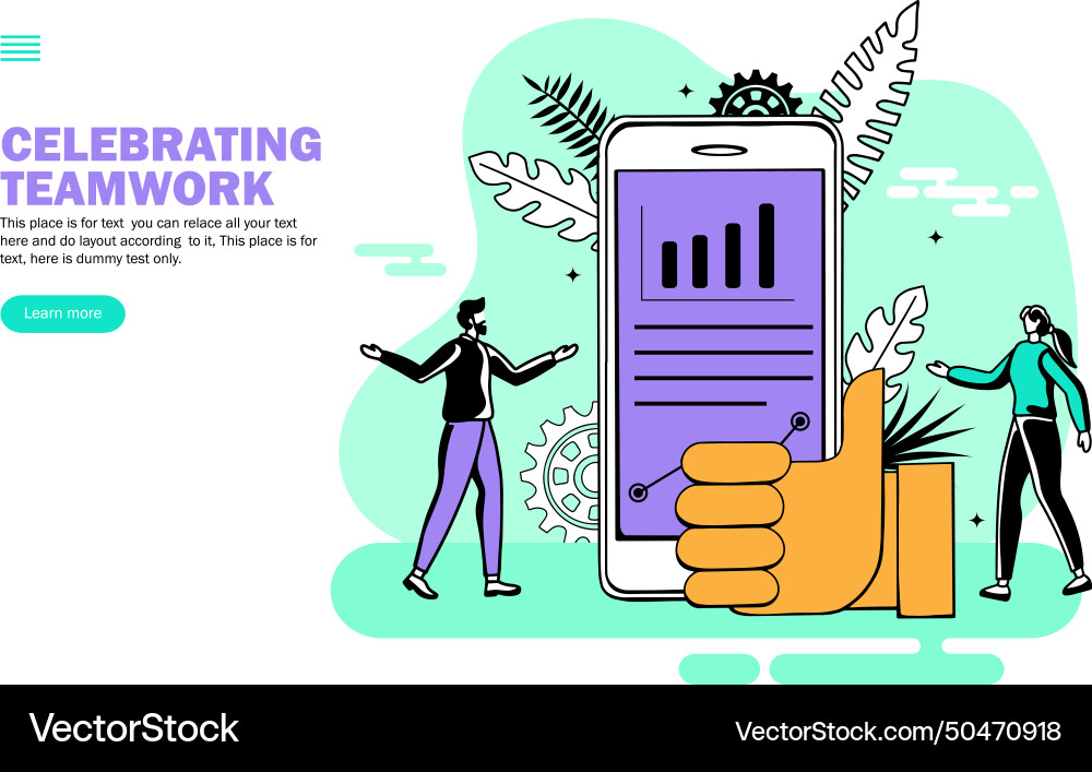Team discussing growth in app with like hand icon Vector Image